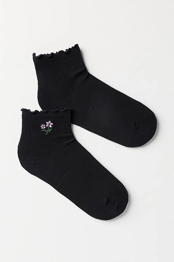 BOMBAS Embroidered Ruffle Rib Quarter Socks - Black