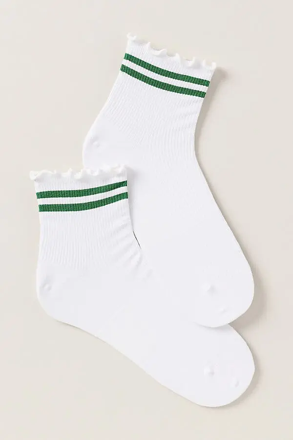 BOMBAS Ruffle Rib Quarter Socks - White Stripe