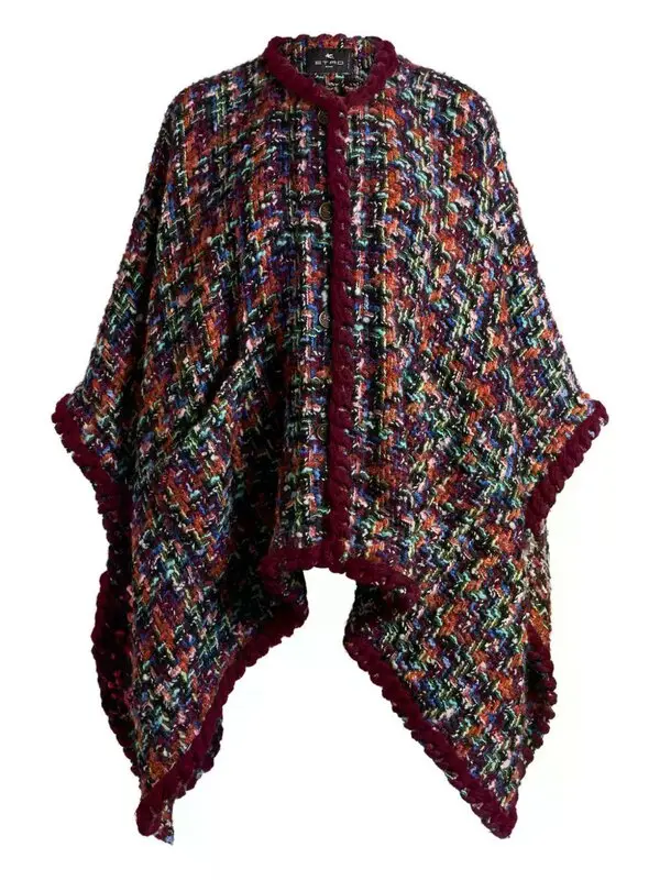 Etro Tweed Cape With Pom-pom Trim