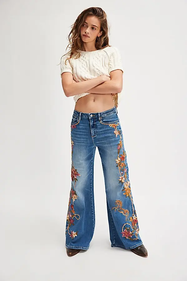DRIFTWOOD Penelope Embroidered Flare Jeans - Dark Wash