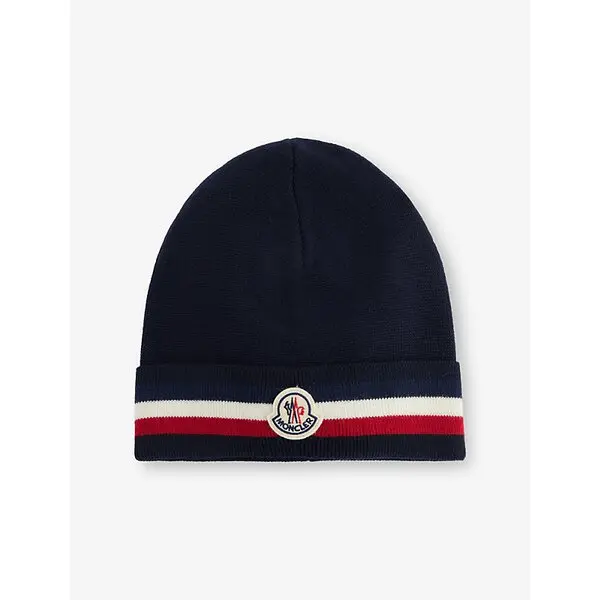 Moncler Brand-appliqué Ribbed Wool Beanie - Navy