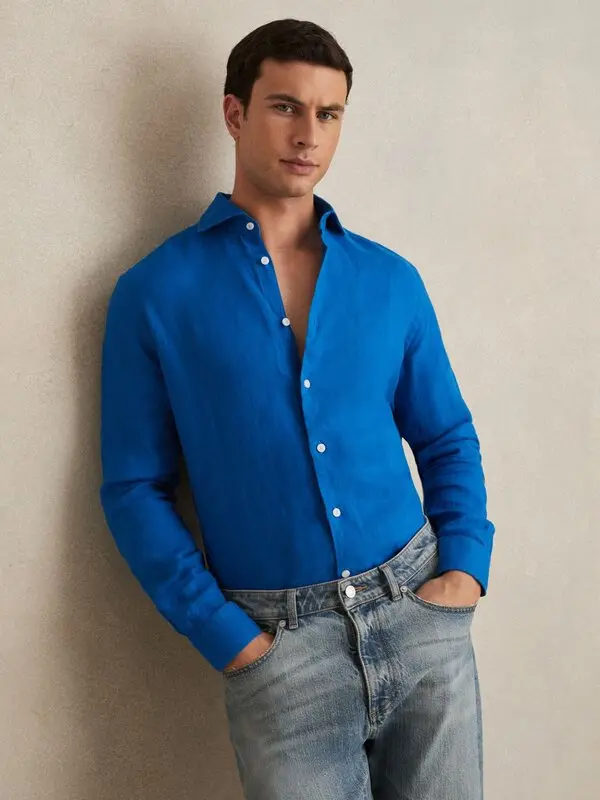 REISS Ruban Linen Button-through Shirt - Bright Blue