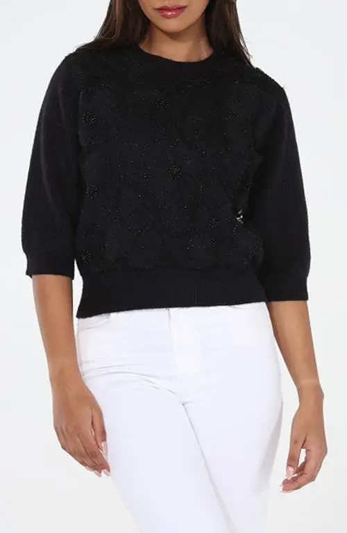 RAIN AND ROSE Floral Embroidered Crewneck Sweater - Black