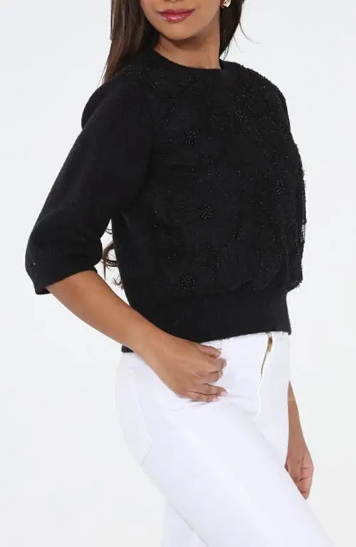 RAIN AND ROSE Floral Embroidered Crewneck Sweater - Black