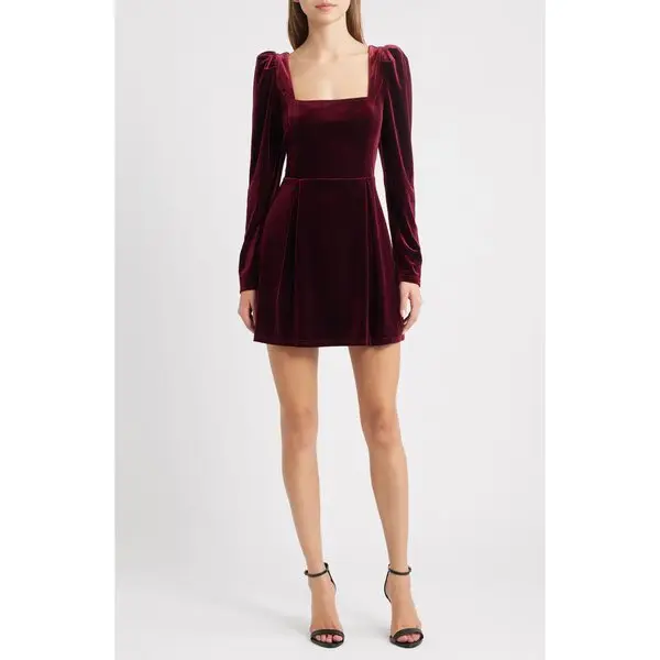 Lucy Paris Skye Long Sleeve Velvet Mini Dress In Burgundy - 50% Off