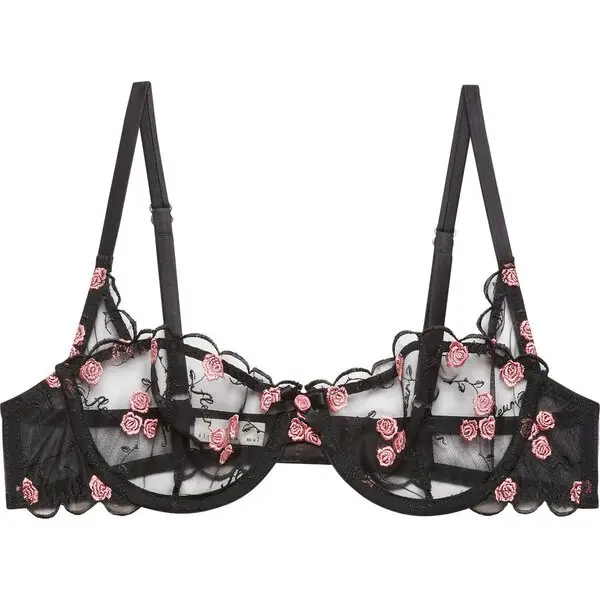FLEUR DU MAL Rose & Vine Embroidered Underwire Balconette Bra - Black
