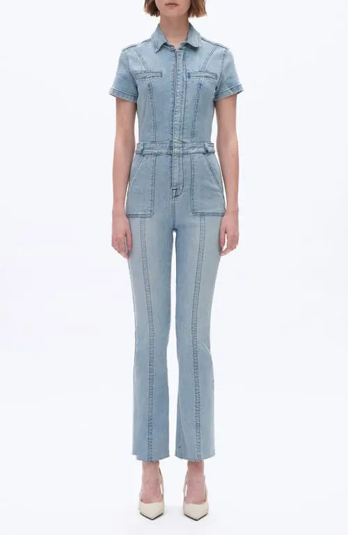 BAYEAS Denim Jumpsuit With Frayed Hem - Soft Cyan