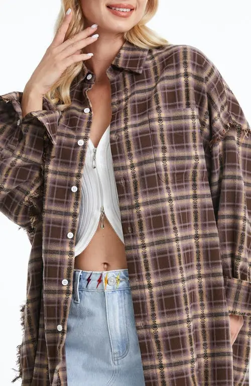 BAYEAS Plaid Oversized Shirt With Frayed Edges - Brown/khaki Plaid