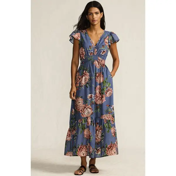 LANDS' END V-neck Flutter Sleeve Maxi Dress - Blue Floral