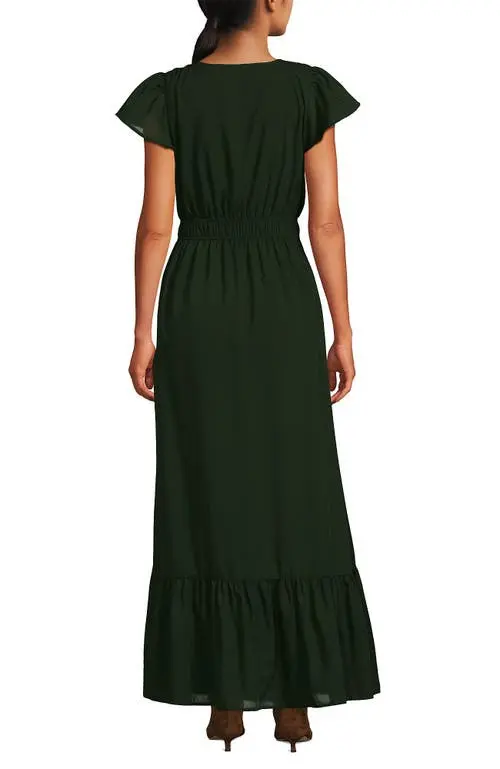 LANDS' END V-neck Flutter Sleeve Maxi Dress - Dark Green