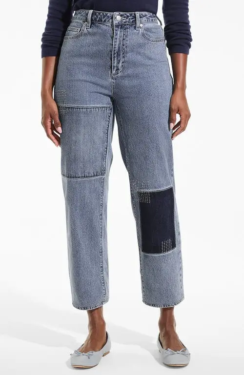 LANDS' END Soft Denim Mid Rise Relaxed Straight Crop Jeans - Beau Blue Patchwork