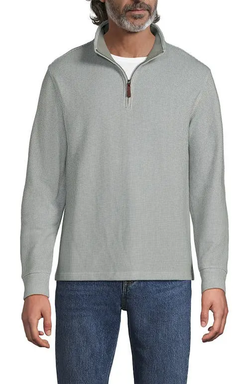 LANDS' END Bedford Rib Quarter Zip Pullover - Granite Mini Gingham
