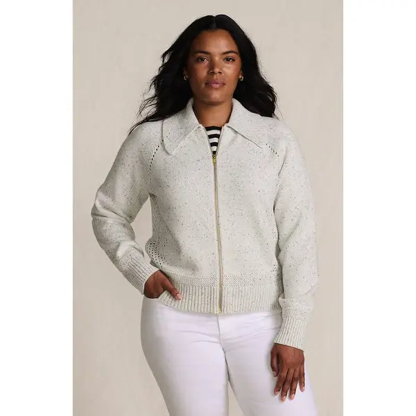 LANDS' END Drifter Large Collar Zip Front Cardigan Sweater - Pale Gray Heather Donegal