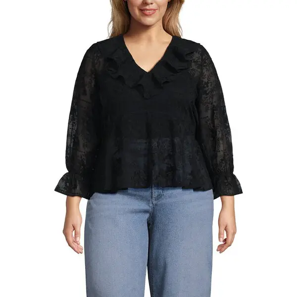LANDS' END Chiffon V-neck Ruffle Blouse - Black
