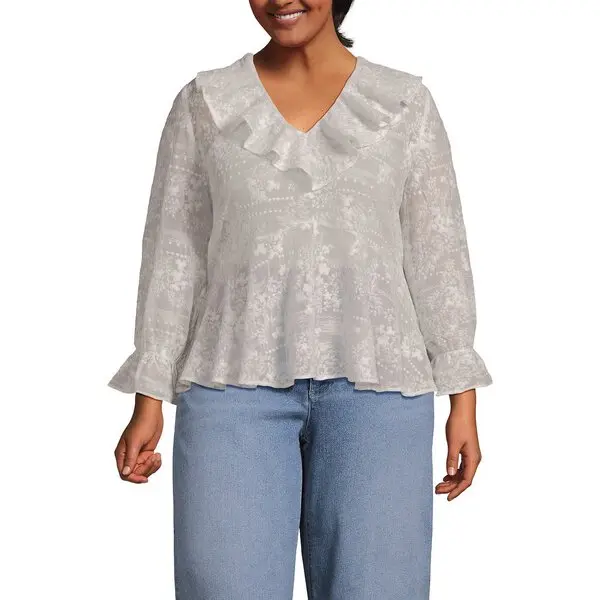 LANDS' END Chiffon V-neck Ruffle Blouse - Ivory