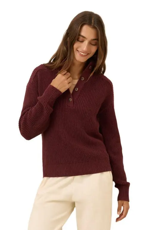 PACT Luxe Knit Henley Sweater - Ruby Heather