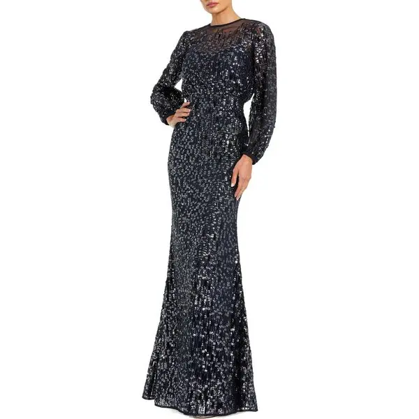 Mac Duggal Sequin Long-sleeve Blouson Gown
