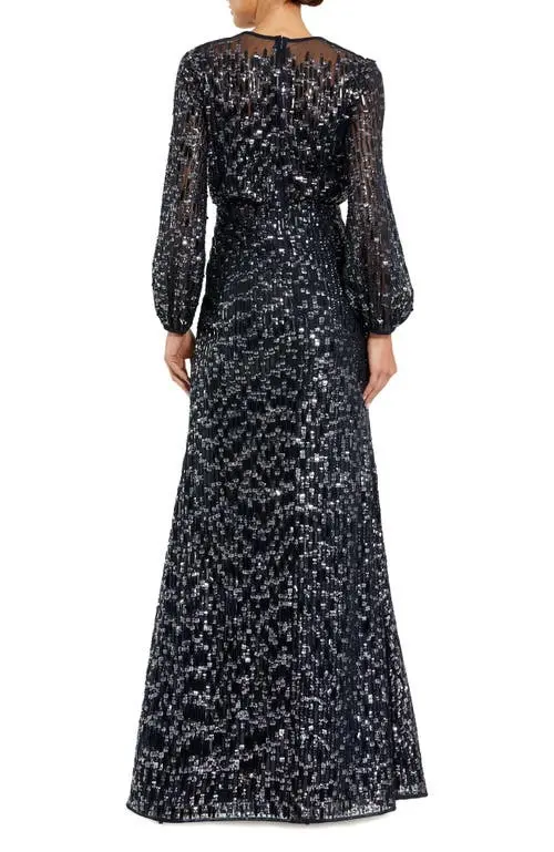 Mac Duggal Sequin Long-sleeve Blouson Gown