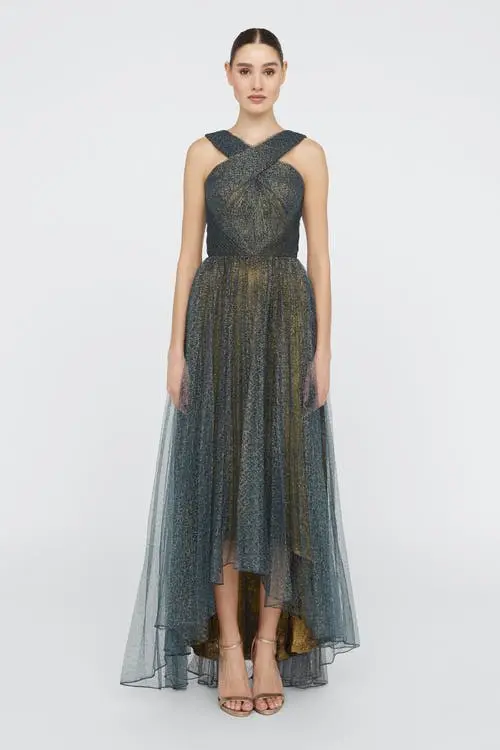 Theia Linda Halter Neck Gown - Poseidon/gold