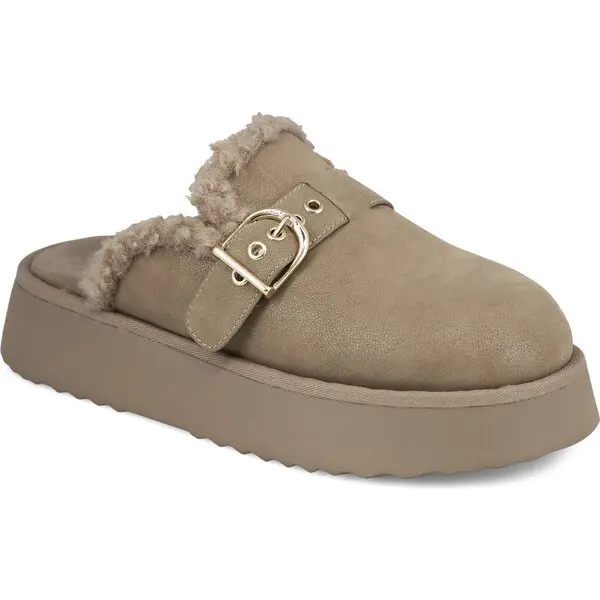 Mia Faux Shearling Platform Mules - Taupe