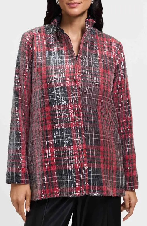 Foxcroft Carolina Plaid Sequin Shirt Jacket - Red/multi