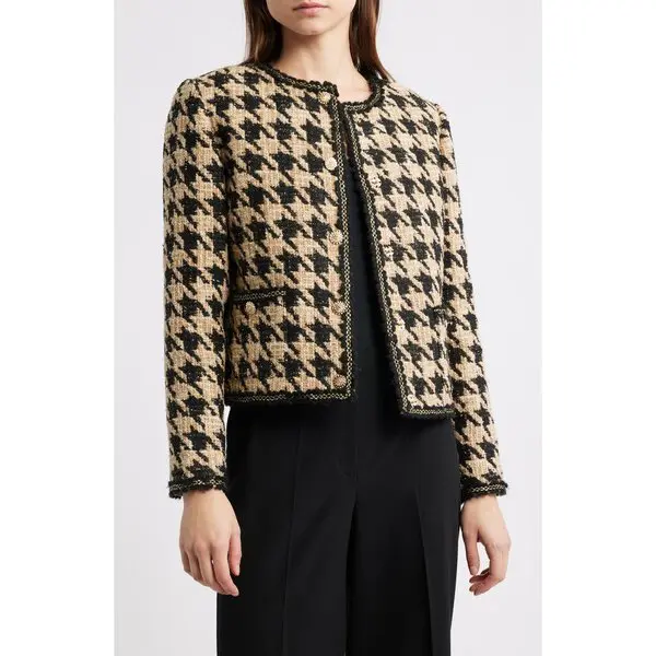 Elie Tahari Juno Metallic Houndstooth Jacket - Brown Houndstooth