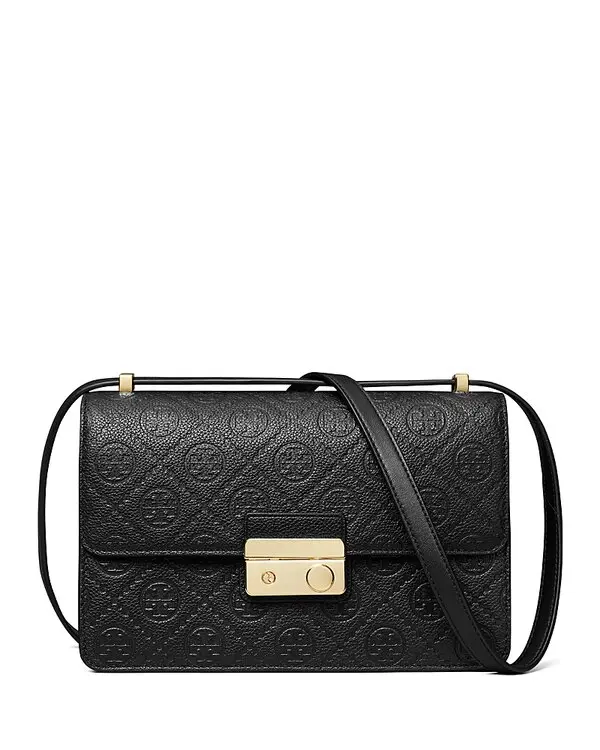 Tory Burch T Monogram Pebble Leather Shoulder Bag - Black