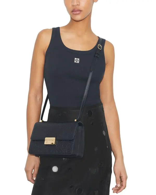Tory Burch T Monogram Pebble Leather Shoulder Bag - Black