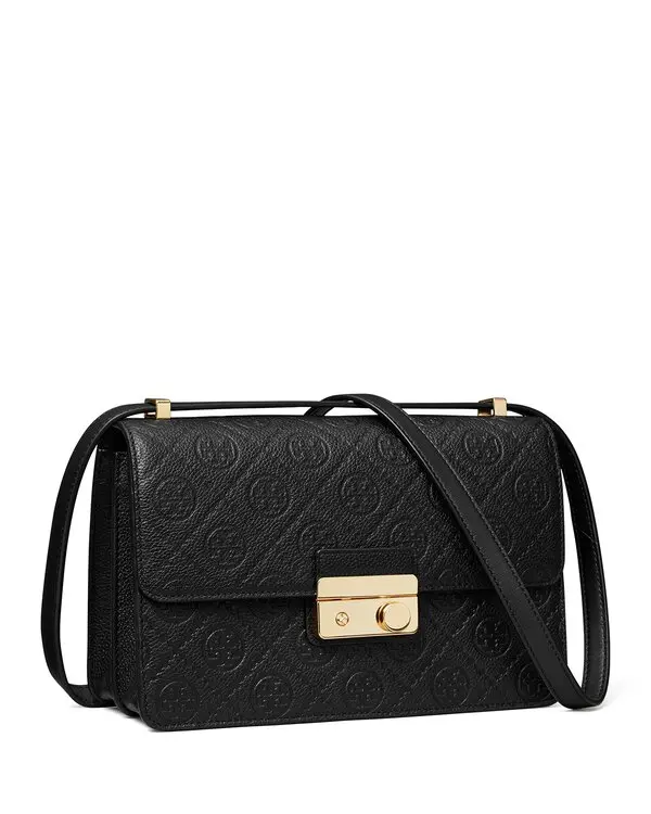 Tory Burch T Monogram Pebble Leather Shoulder Bag - Black