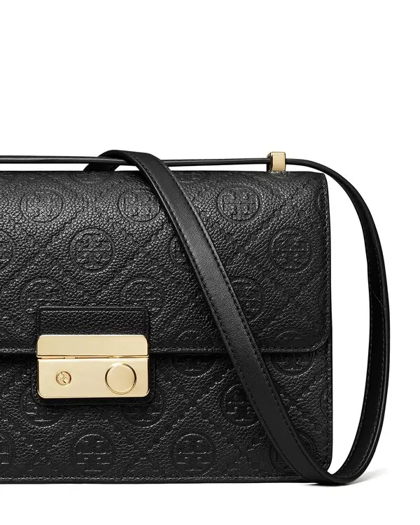 Tory Burch T Monogram Pebble Leather Shoulder Bag - Black