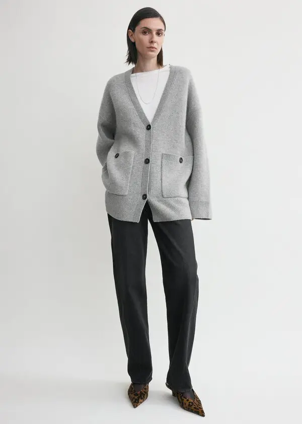 TOTEME Longline Cashmere Blend Cardigan - Pale Grey Mélange