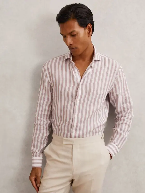 REISS Ruban Linen Stripe Long-sleeve Shirt - Dusty Rose/white Stripe