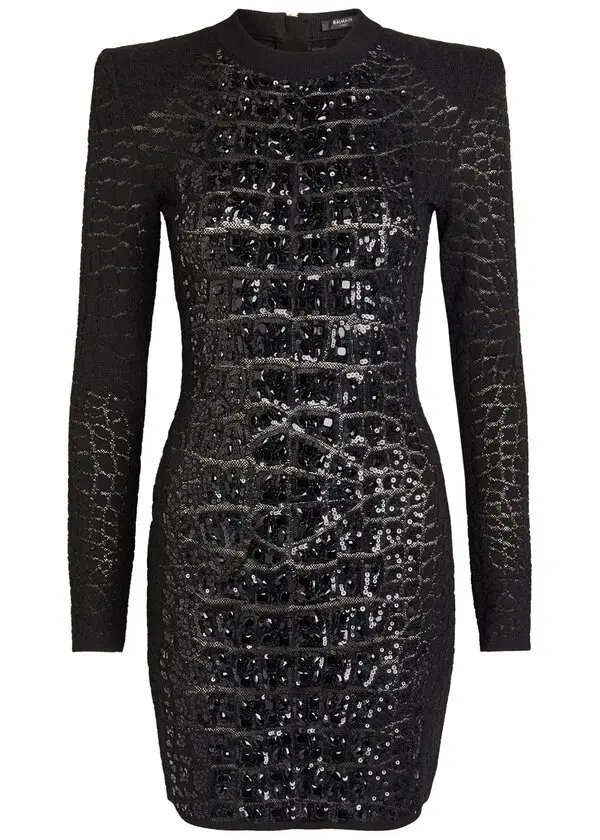 Balmain Sequin-Embellished Crocodile-Knit Mini Dress - Black - 40% Off |  Editorialist
