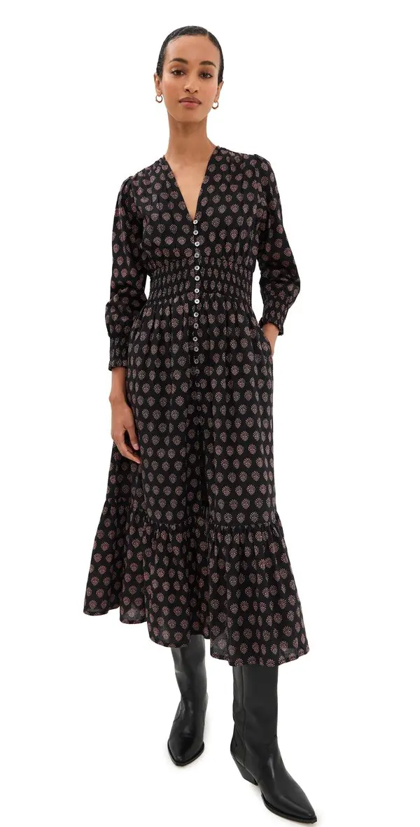 MAREA Francesca Botanical Print V-neck Midi Dress