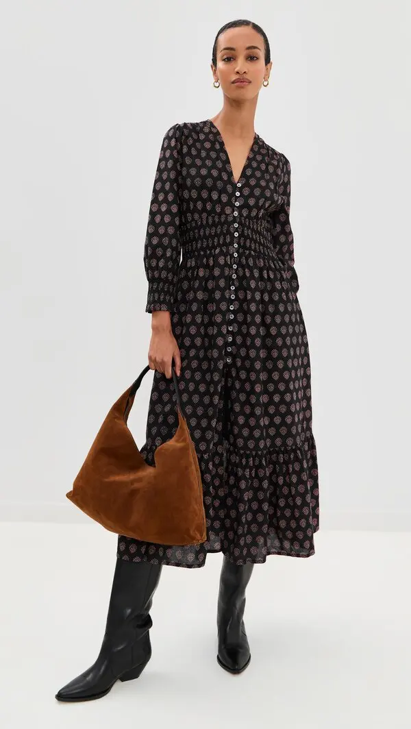 MAREA Francesca Botanical Print V-neck Midi Dress