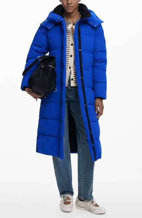 Desigual Quilted Longline Puffer Coat With Removable Hood - Klein Blue