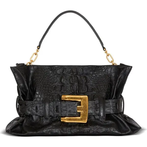 Balmain Medium Anthem Bag In Embossed Crocodile-print Calfskin - Black