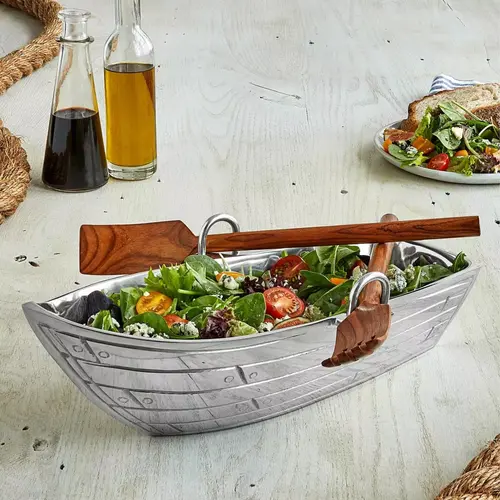 UNCOMMON GOODS Row Boat Serving Bowl With Wood Serving Utensils - Silver/brown