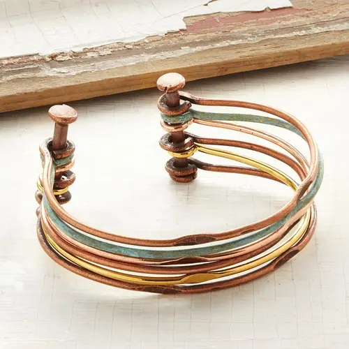 UNCOMMON GOODS Mixed Metals Hinged Cuff - Copper/brass/teal