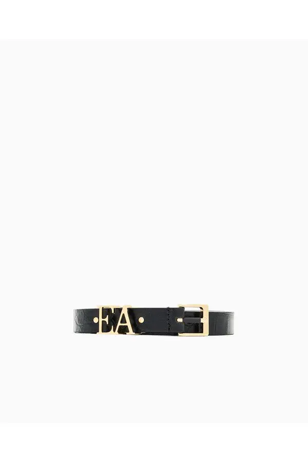 Emporio Armani Leather Belt With Crocodile-print And Logo Buckle - Black