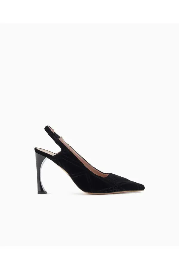 Emporio Armani Embossed Motif Velvet Slingback Court Shoes - Black