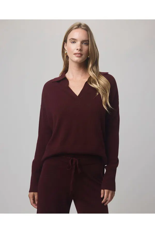 Splendid Tori Cashmere Polo Sweater - Burgundy