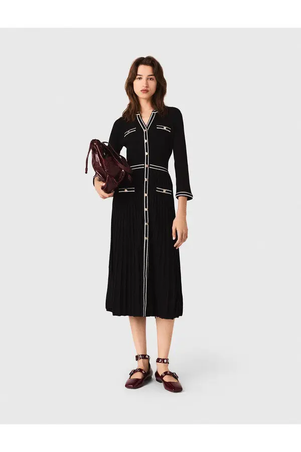 Maje Knit Midi Dress With Pleated Skirt In Black - 55% Off | Editorialist