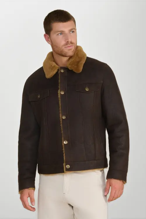 FURNIQ UK Alfie Suede Shearling Jacket - Brown