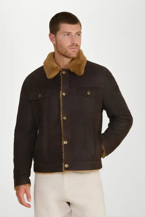 FURNIQ UK Alfie Suede Shearling Jacket - Brown