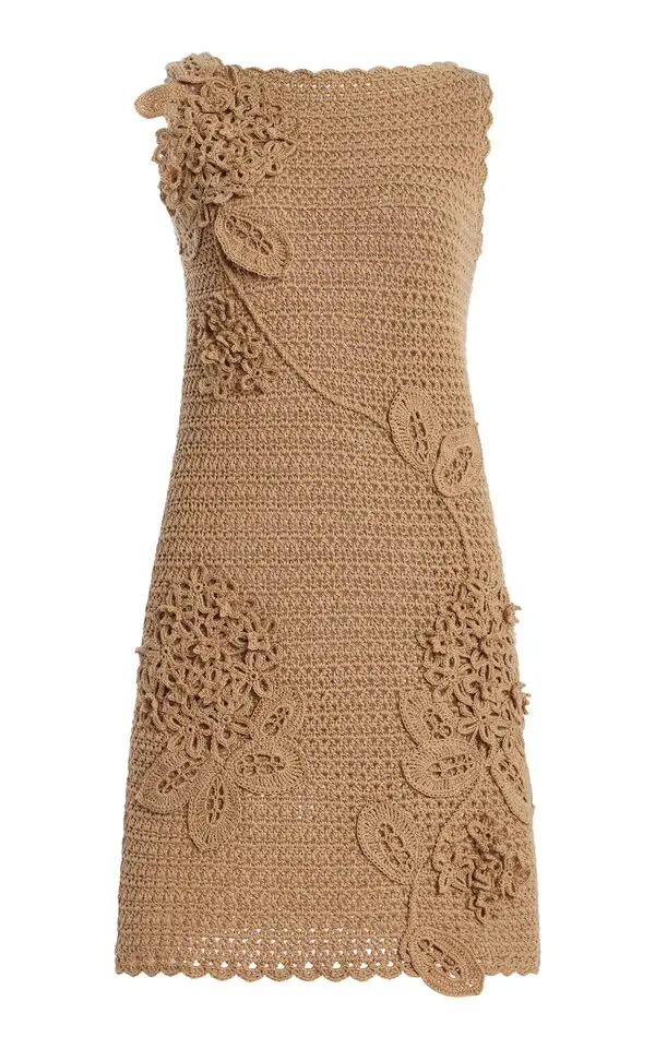 Oscar De La Renta Floral Crocheted Cotton Mini Dress - Tan