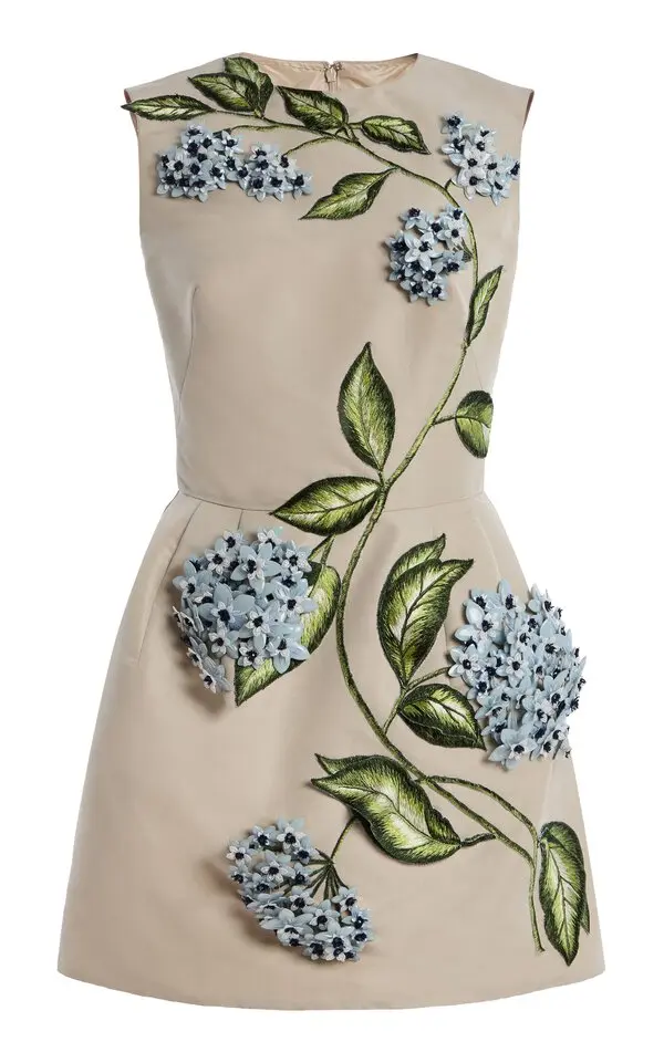 Oscar De La Renta Porcelain Flowers Embellished Mini Dress - Tan