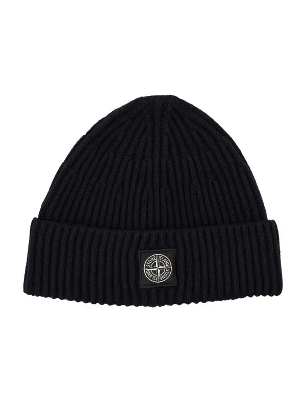 Stone Island Ribbed Wool Beanie With Logo Patch - Navy
