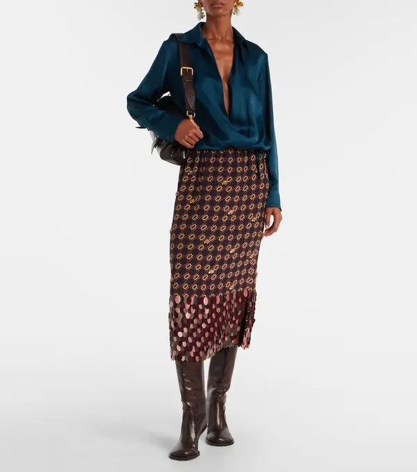Dries Van Noten Printed Sequined Silk Midi Skirt