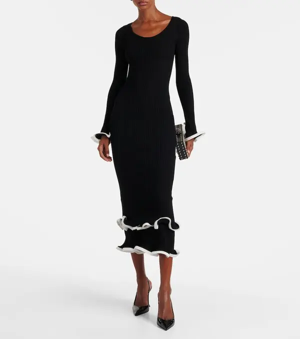 Simkhai Solani Ribbed-knit Midi Dress With Ruffled Trim